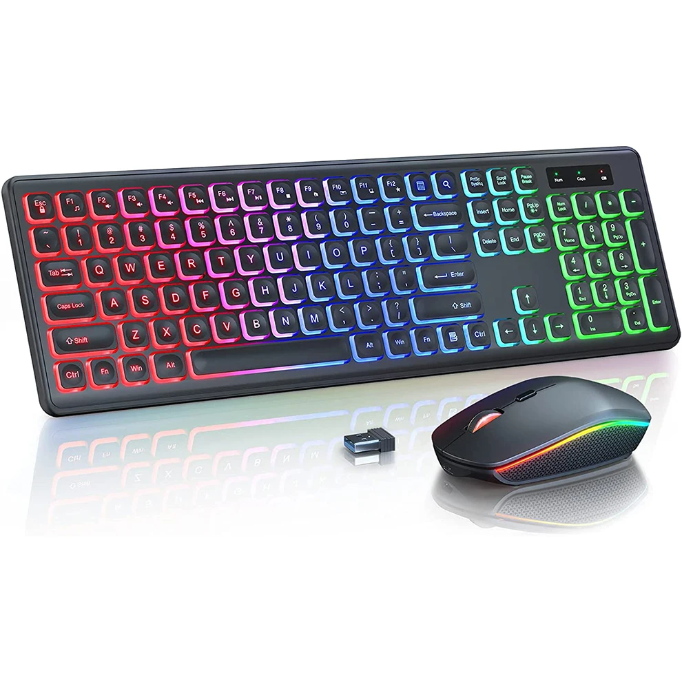 Teclado e mouse sem fio retroiluminado Combo letras RGB recarregáveis tamanho ergonômico ângulo ...