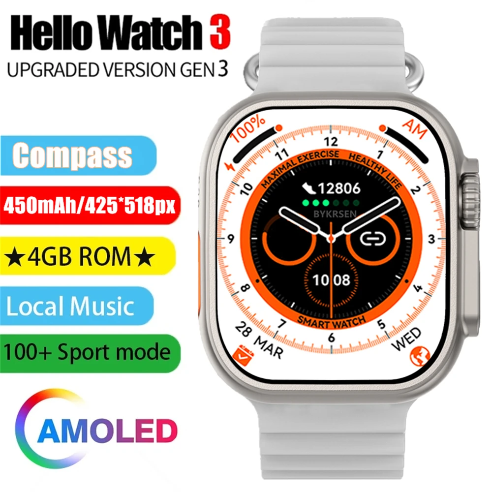 2023 Hello Watch 3 Smart Watch Ultra Series 8 49mm Compass Bluetooth ...