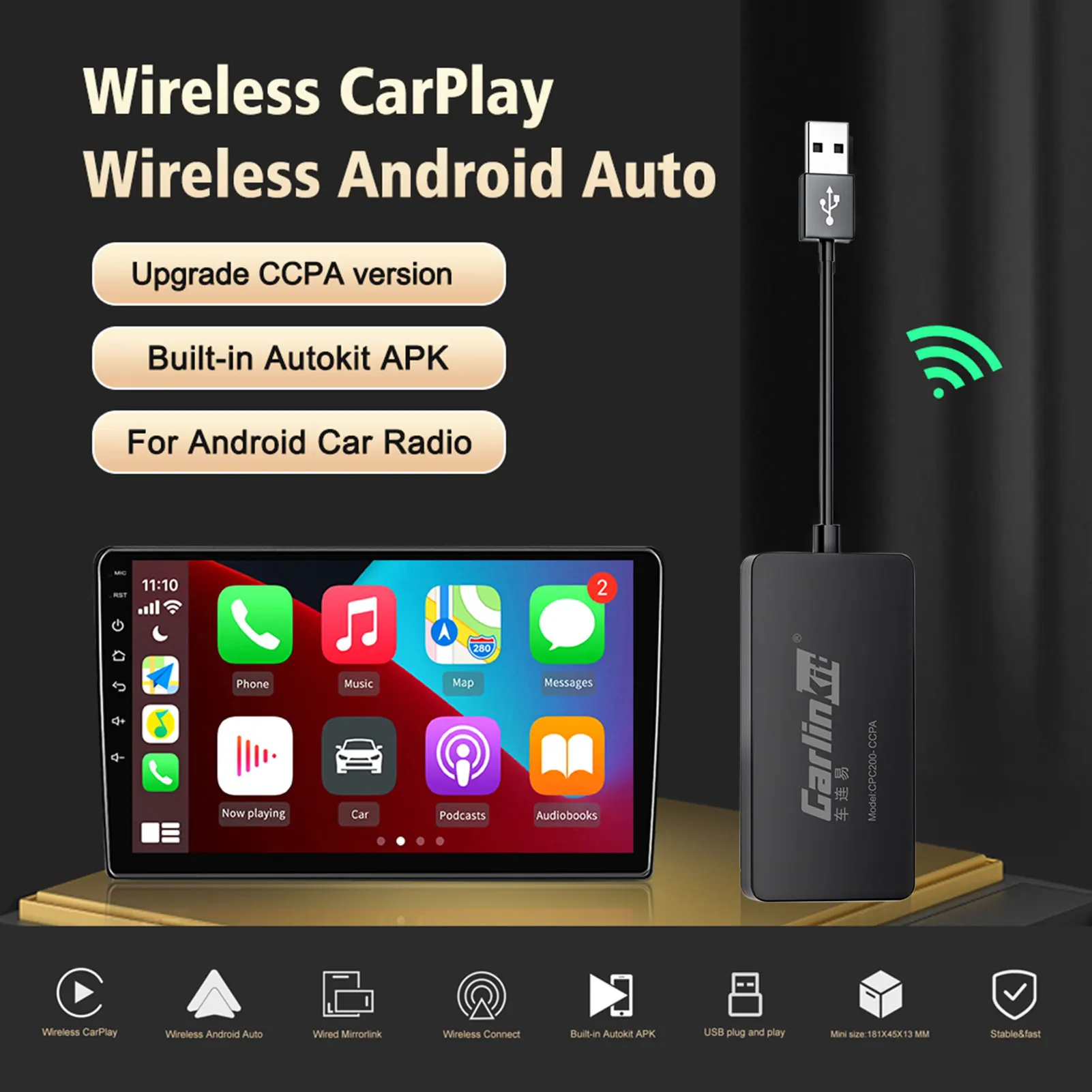 새로운 무선 자동차 플레이 동글 안드로이드 자동 동글 미러 Usb 어댑터 전화 재생 음악 Gps 네비게이션 와이파이 수신기
