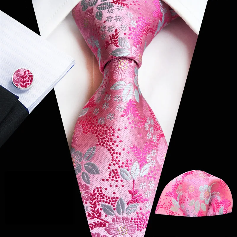 100% Silk Floral Pink Ties For Men Wedding Party Neck Tie Handkerchief ...