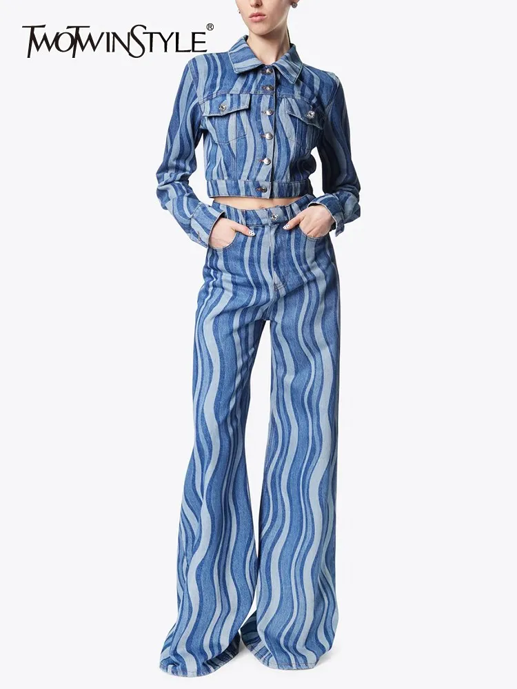 TWOTWINSTYLE-Colorblock-Denim-Two-Piece-Set-For-Women-Lapel-Long-Sleeve ...