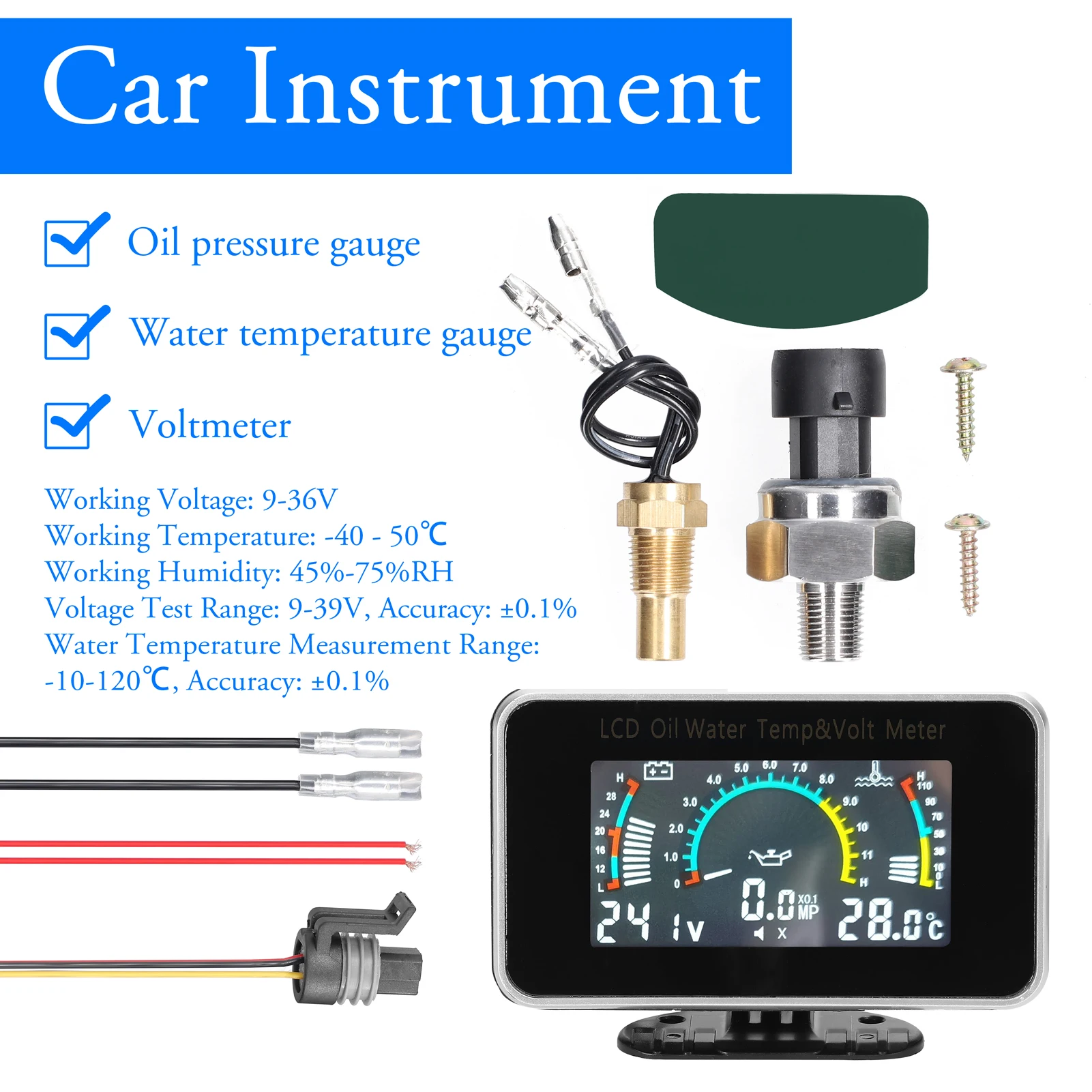 Medidor de carro digital LCD 3-em-1, pressão de óleo, tensão, água ...