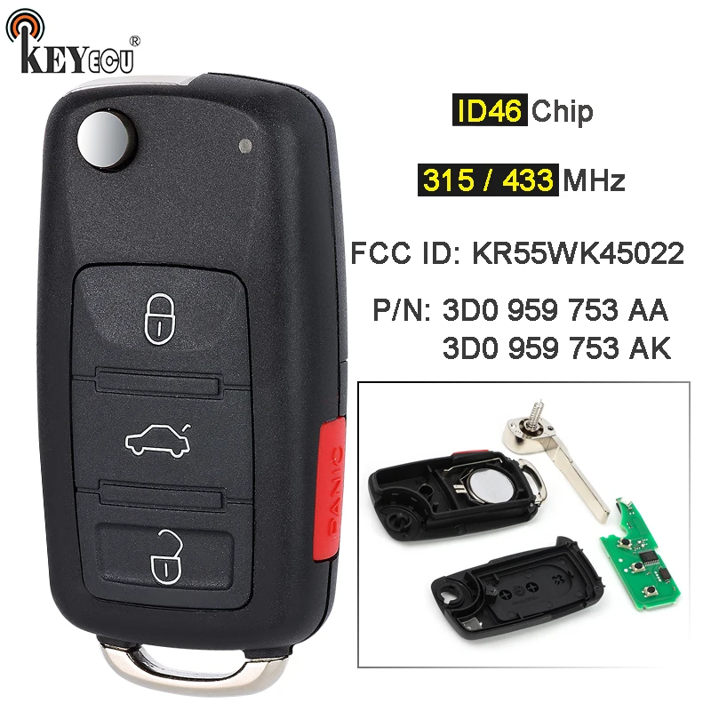KEYECU-315MHz-433MHz-ID46-Chip-FCC-ID-KR55WK45022-4-Button-Smart-Remote ...
