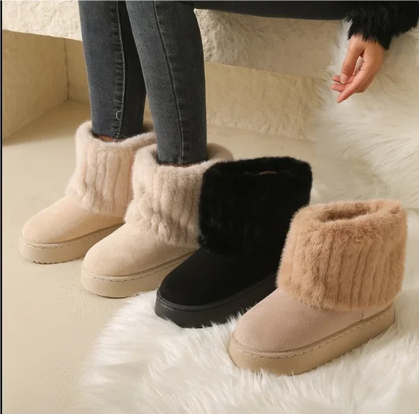 Shoes-for-Women-Winter-Women-s-Boots-Black-Round-Toe-Solid-Flock-Plush ...