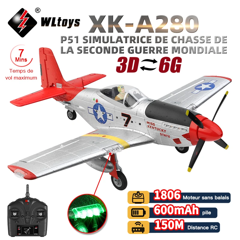 Wltoys Avion RC avec budgétaire LED pour enfants, avion XK A280, mode 2.4G 4CH 3D6G, avion P51 ...