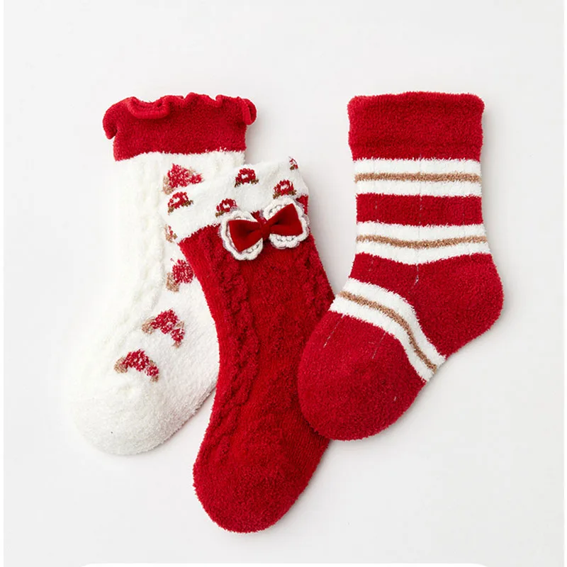 3 Pairs a Lot Winter Baby Socks 0-3T Color Blocked Bow Infant Girls In ...