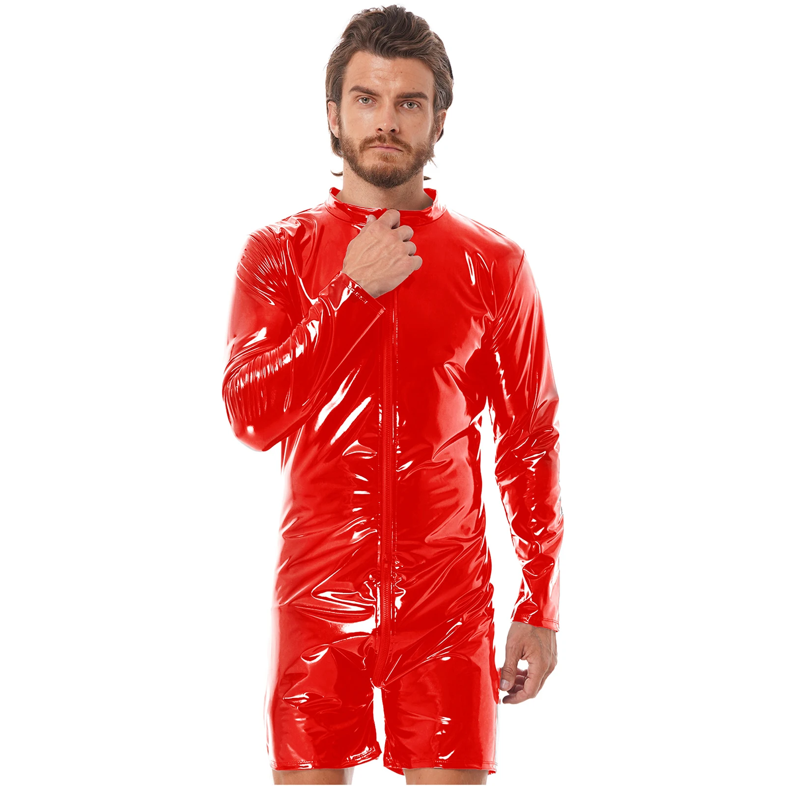 Mens-Wet-Look-Clubwear-Patent-Leather-Romper-Mock-Neck-Zipper-Jumpsuit ...