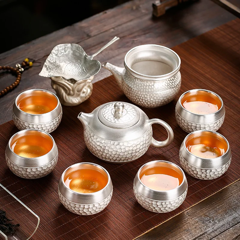 Tea-set-gifts-real-silver-silver-hand-hammered-ball-holes-teapots-gilt ...