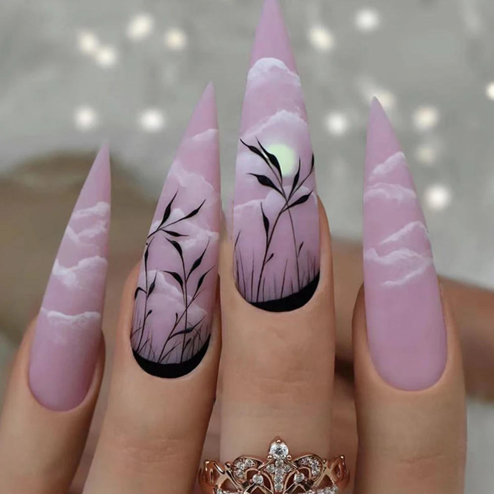 24Pcs-Glossy-False-Nails-Dark-Night-Long-Pointed-Fake-Nails-for-Women ...