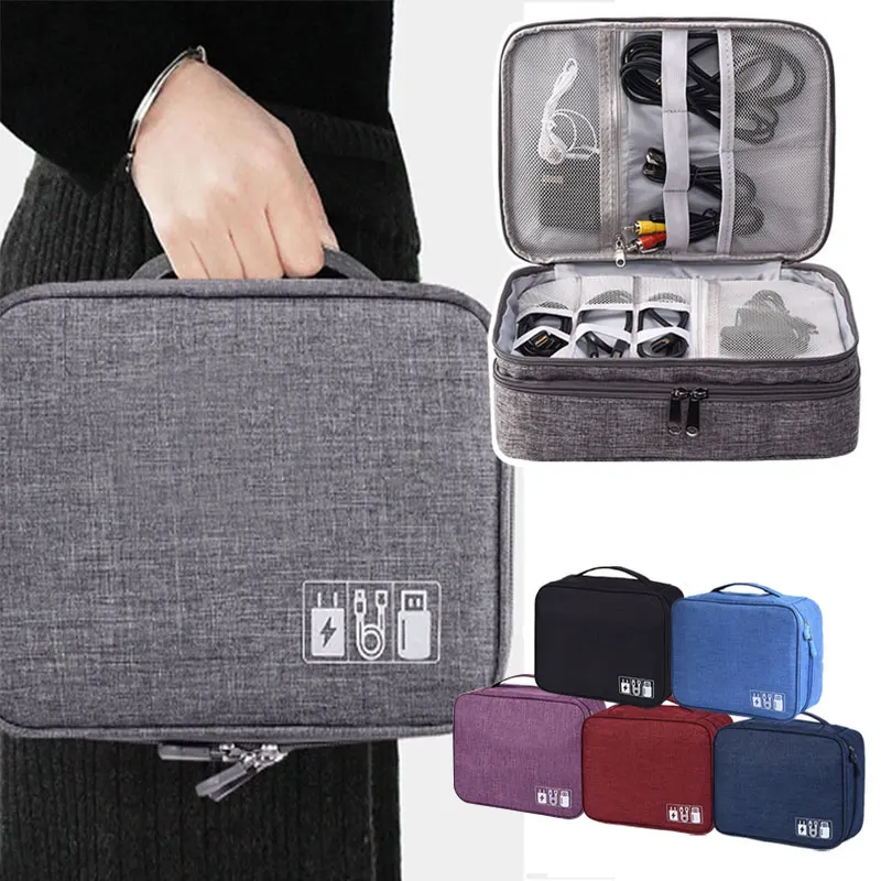 Three Layer Digital Cable Waterproof Storage Bag Wires Cosmetic Multi ...