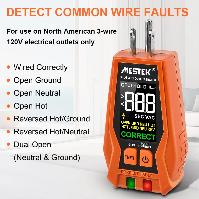 Mestek-GFCI-Outlet-Tester-120V-US-Plug-Color-Screen-GFCI-Test-Circuit ...