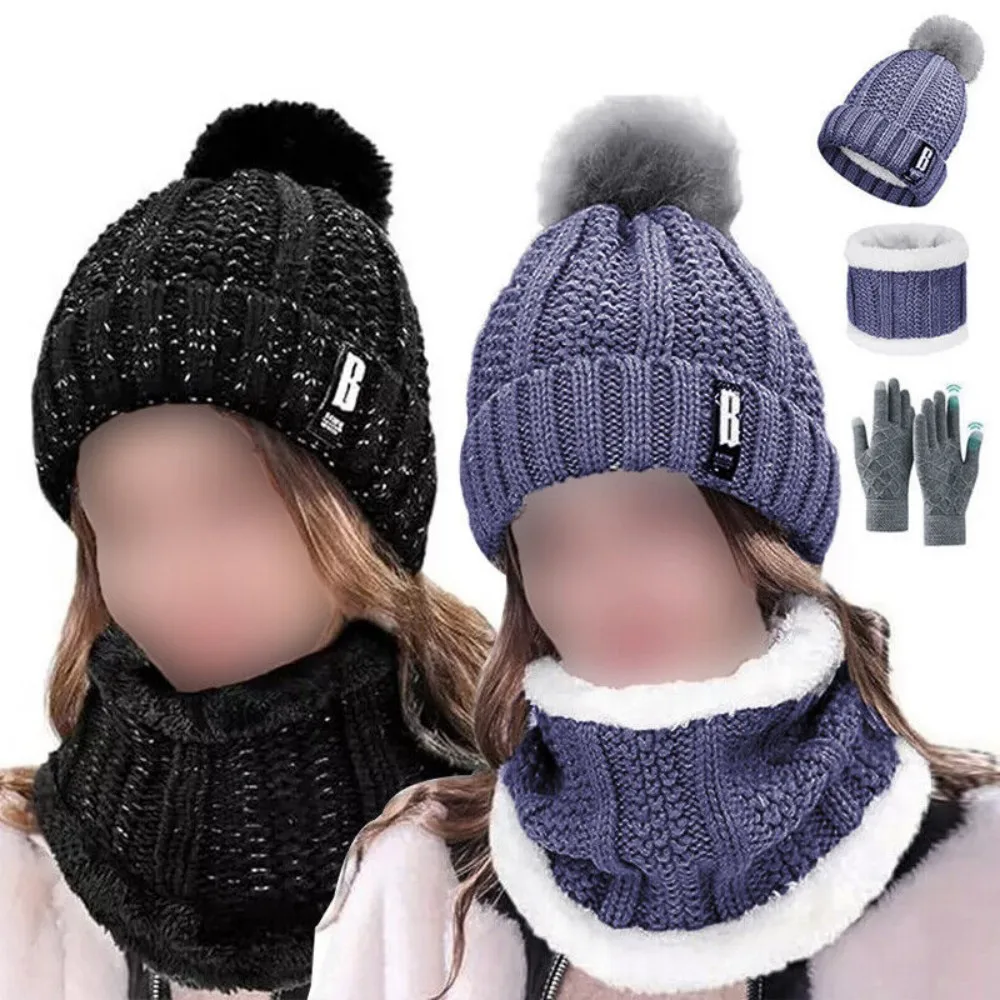 Womens-Girls-Thick-Knit-Hat-Scarf-and-Touchscreen-Gloves-Set-Knitted ...