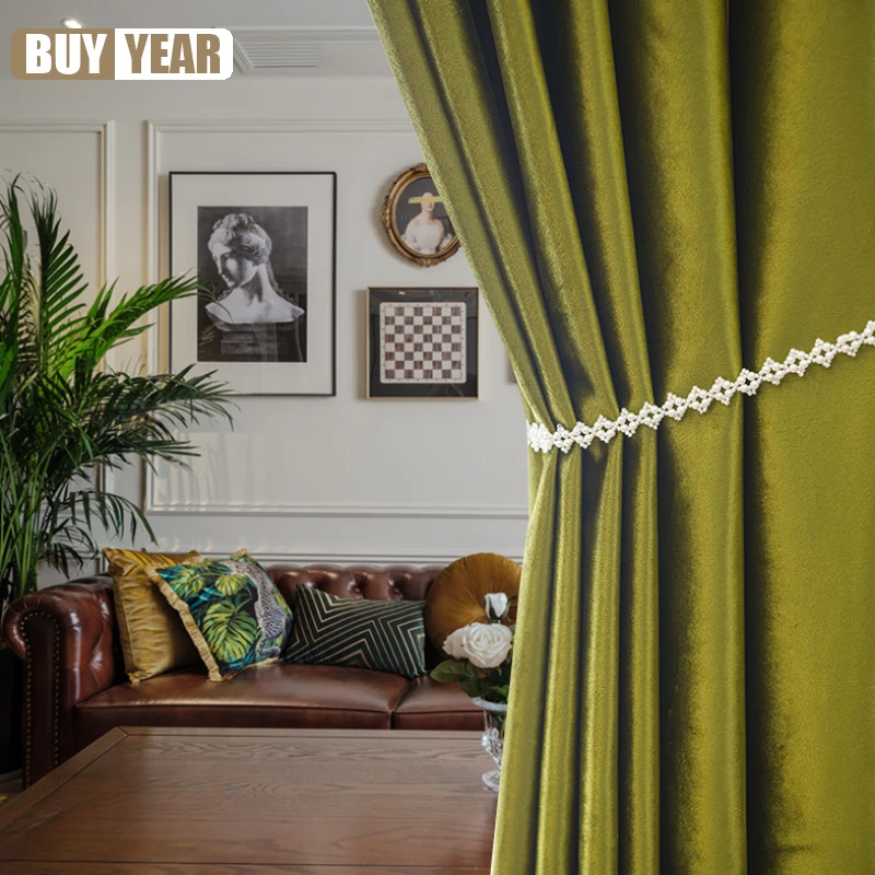 Retro Luxury Diamond Velvet Olive Dark Green Curtains for Living Dining ...