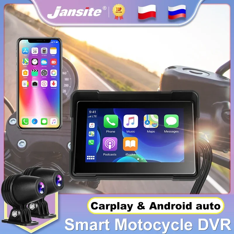 Jansite 5" Motorcycle DVR 720P IPS Screen Registrar Wireless Carplay ...