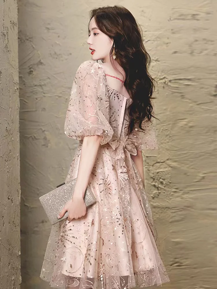 High-Quality-Champagne-Sequin-Mesh-Mid-Length-Prom-Dress-A-Line ...