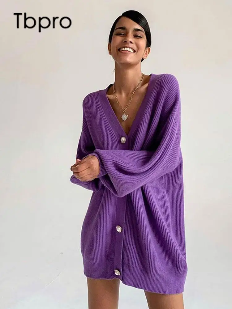 Women-Casual-V-neck-Single-Breasted-Cardigan-Lady-Fashion-Purple-Long ...