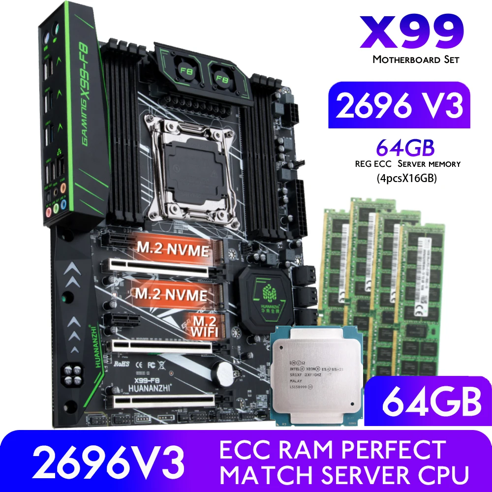 HUANANZHI F8 X99 Motherboard Set With E5 2696 V3 CPU Processor 64G(4*16 ...