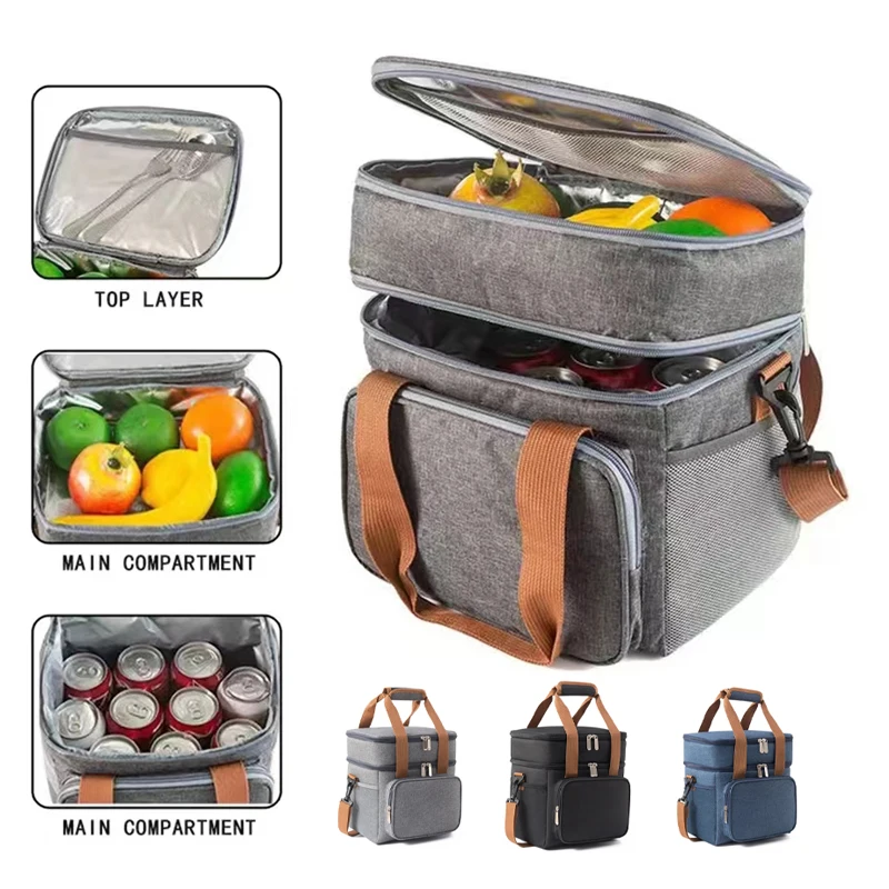 Picnic Cooler Bags Thermal Lunch Box Bag Double Layer Outdoor Camping ...