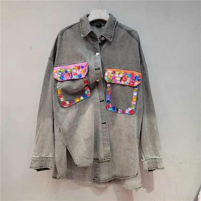 Autum-Women-Diamonds-Beaded-Gradient-Color-Denim-Shirt-Coat-Rhinestones ...