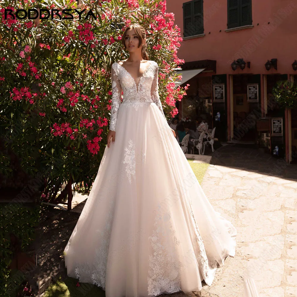 RODDRSYA-Vintage-Long-Sleeves-Wedding-Dress-V-Neck-Button-Back-Robe-De ...