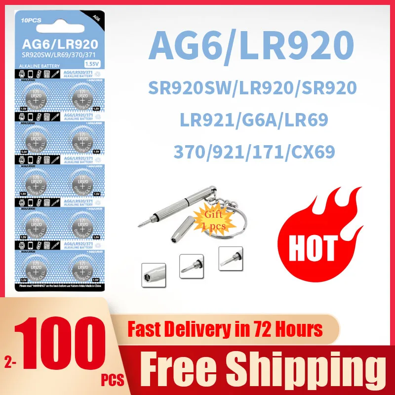 2-100Pcs AG6 1.55V Button Cell Batteries,LR920/SR920SW/SR927/371/370 ...