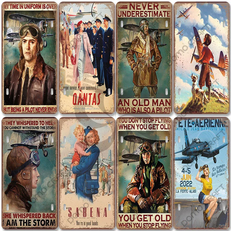 Pilot-Poster-Vintage-Metal-Plate-Airplane-Flight-Attendant-Metal-Tin ...