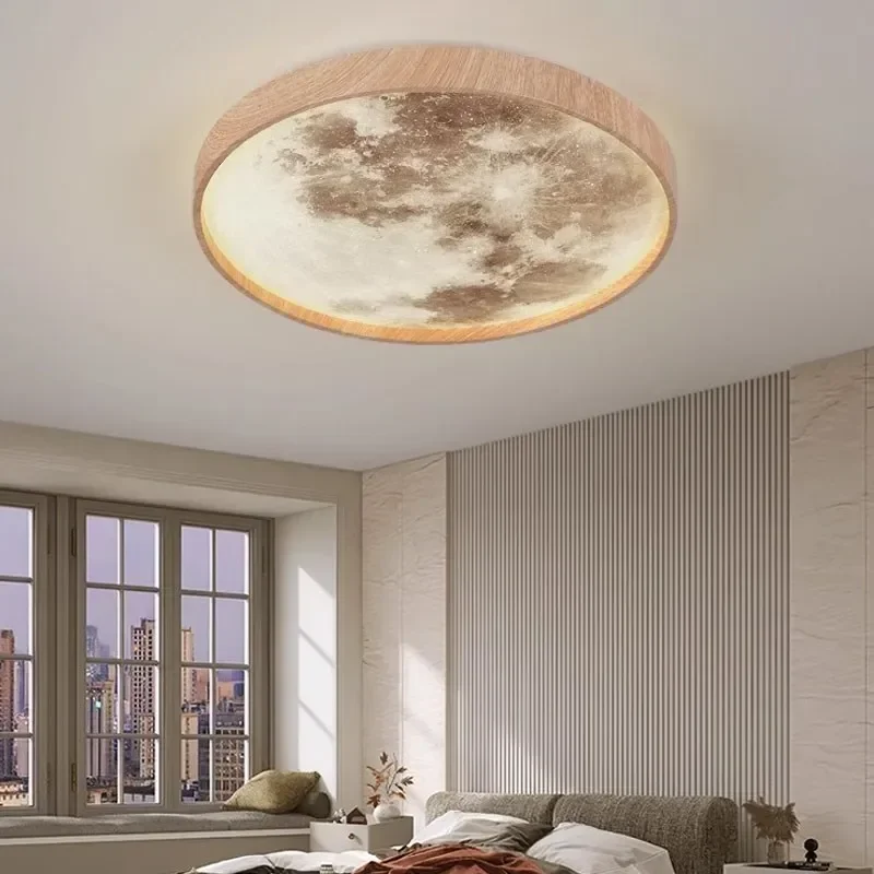Modern Wood Ceiling Light LED Moon Room Decor 26/34CM Walnut Hanging ...