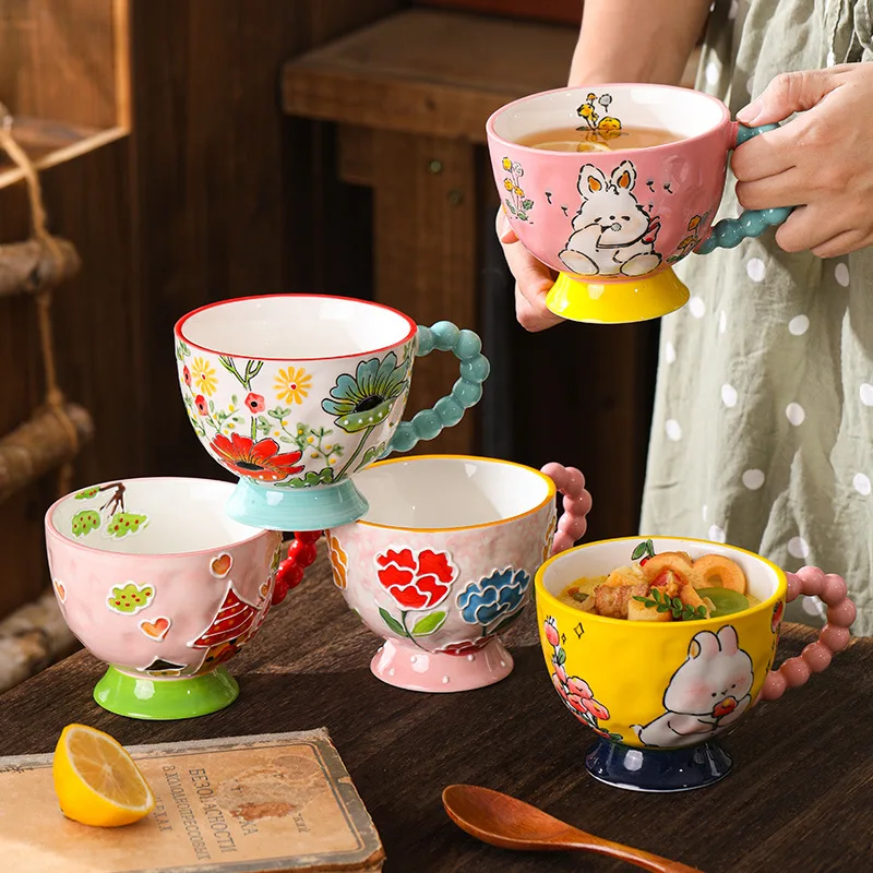 Hand-painted-Relief-Ceramic-Mug-Cute-Home-Large-Capacity-Water-Cup-Oat ...