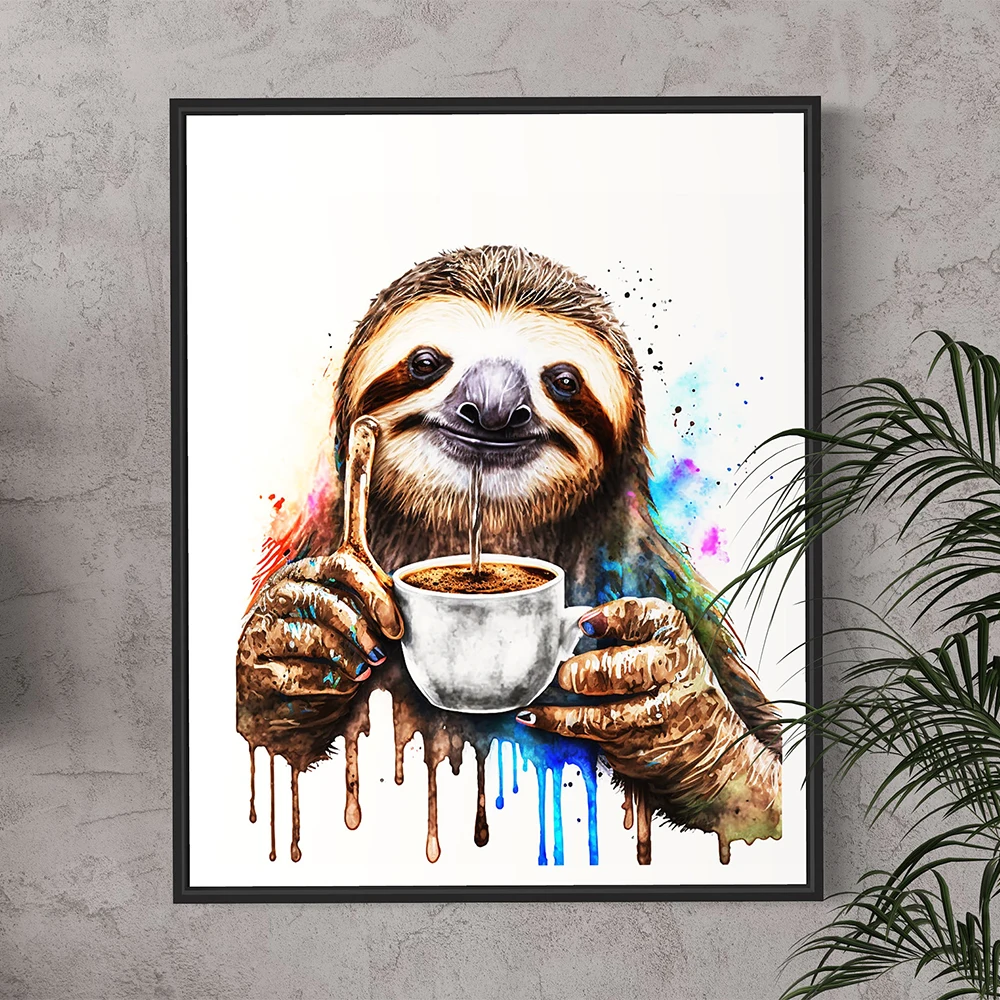 Watercolor-Sloth-Coffee-Poster-and-Print-Vintage-Funny-Animals-Drinking ...