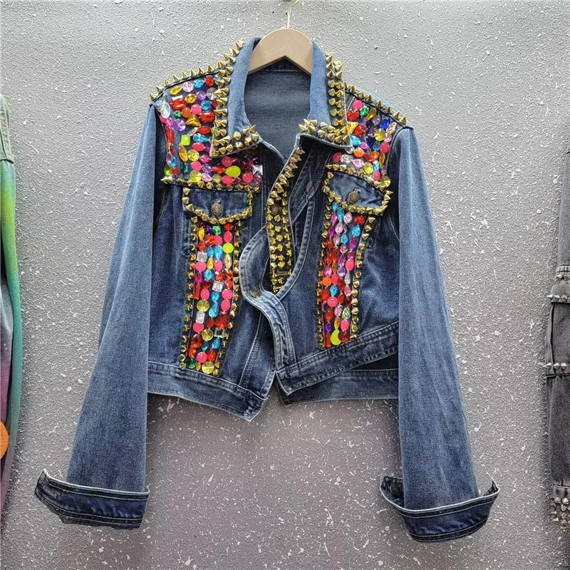 Women-Rainbow-Color-Gemstones-Beaded-Denim-Coat-Irregular-Diamonds-Jeans-Jacket-Rivets ...