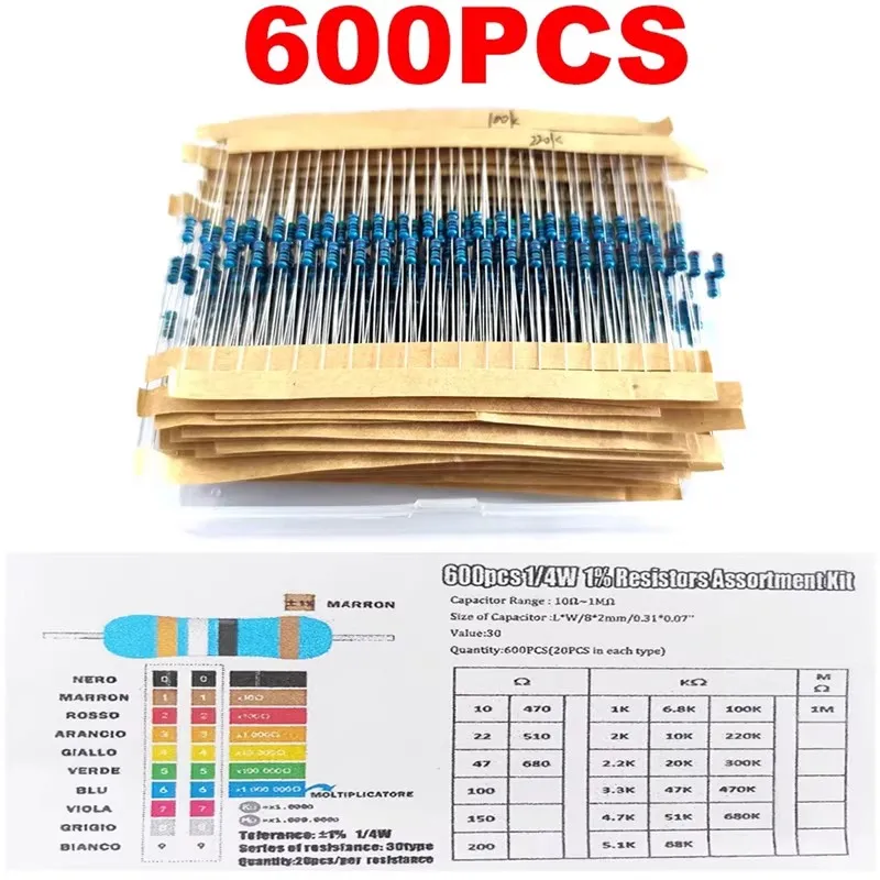 600pcs Resistor Kit 10 Ohm-1MOhm Resistors 1/4W ±1% Carbon Film Single ...