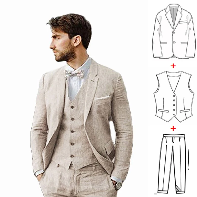 Costume 3 pièces en lin pour hommes, Costume de plage, ensemble de bal de mariage, veste ajustée ...