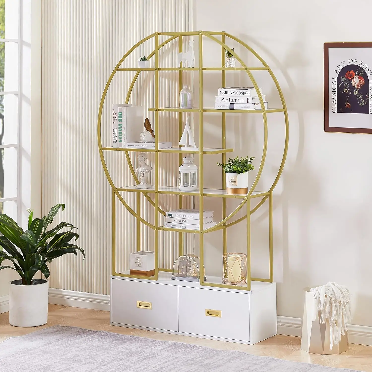 70-8-Inch-5-Tier-Round-Bookcase-with-Gold-Steel-Frame-Bookshelf-with ...