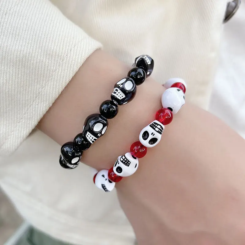 Pulsera de cuentas de calavera Punk Rock para hombre y mujer, brazalete ...