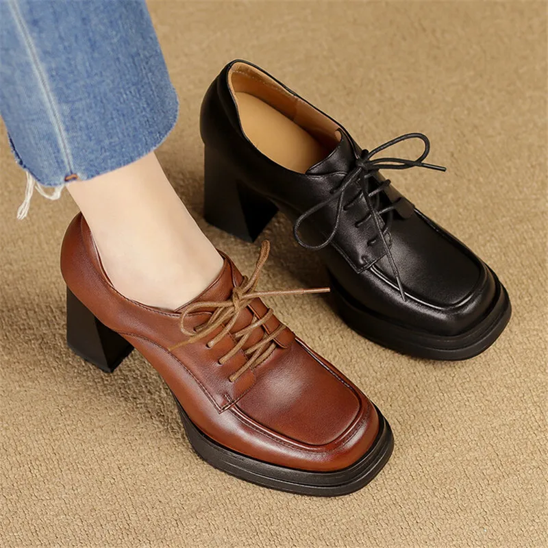 2023 New Spring/Autumn Square Toe Chunky Heel Genuine Leather Women ...