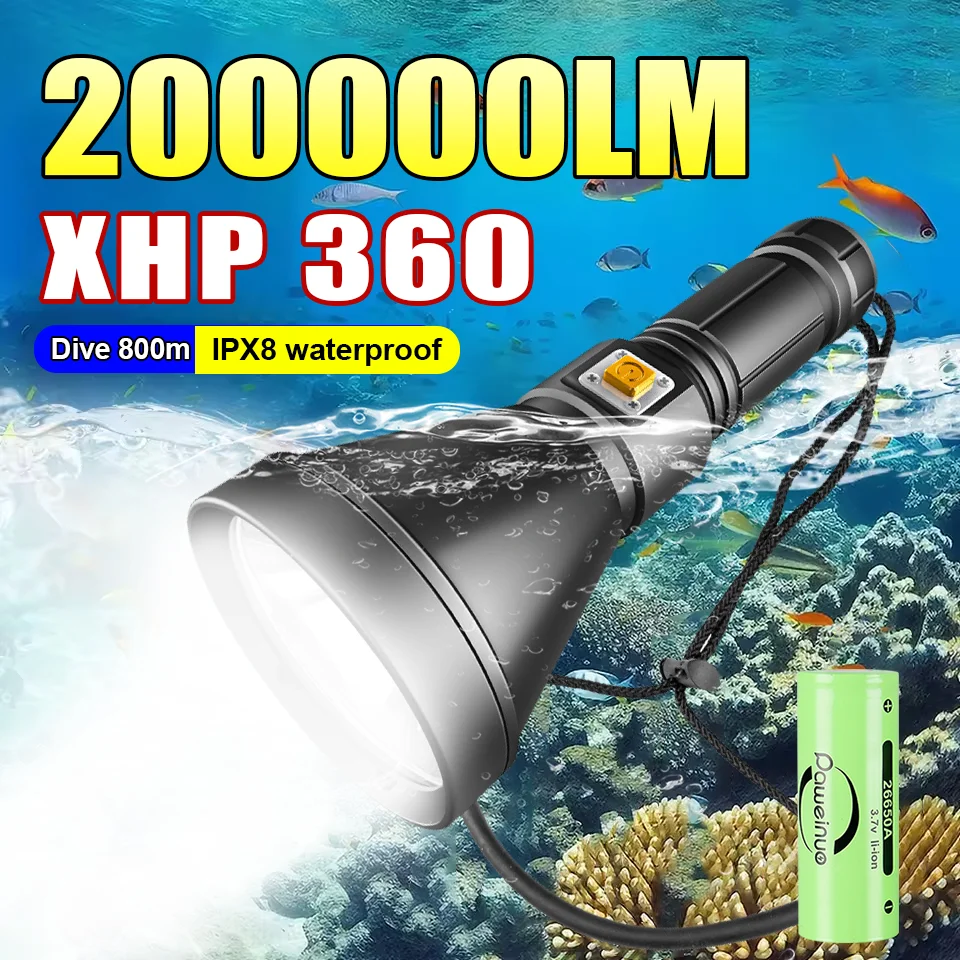 Super Bright XHP360 LED Diveing Flashlight 200000LM Powerful Led ...
