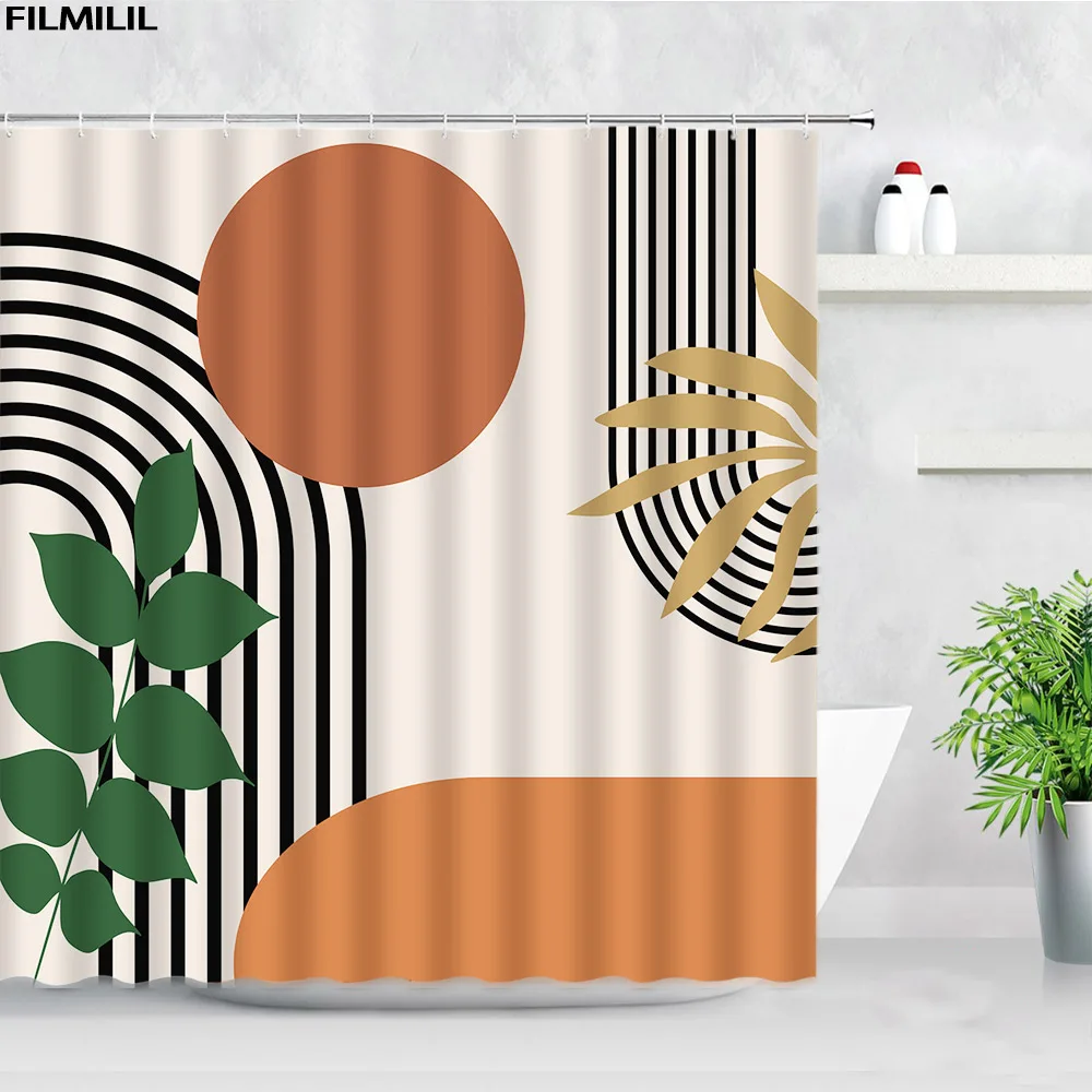 Abstract Mid Century Shower Curtains Creative Geometric Black Line Leaves Print Bath Curtain ...