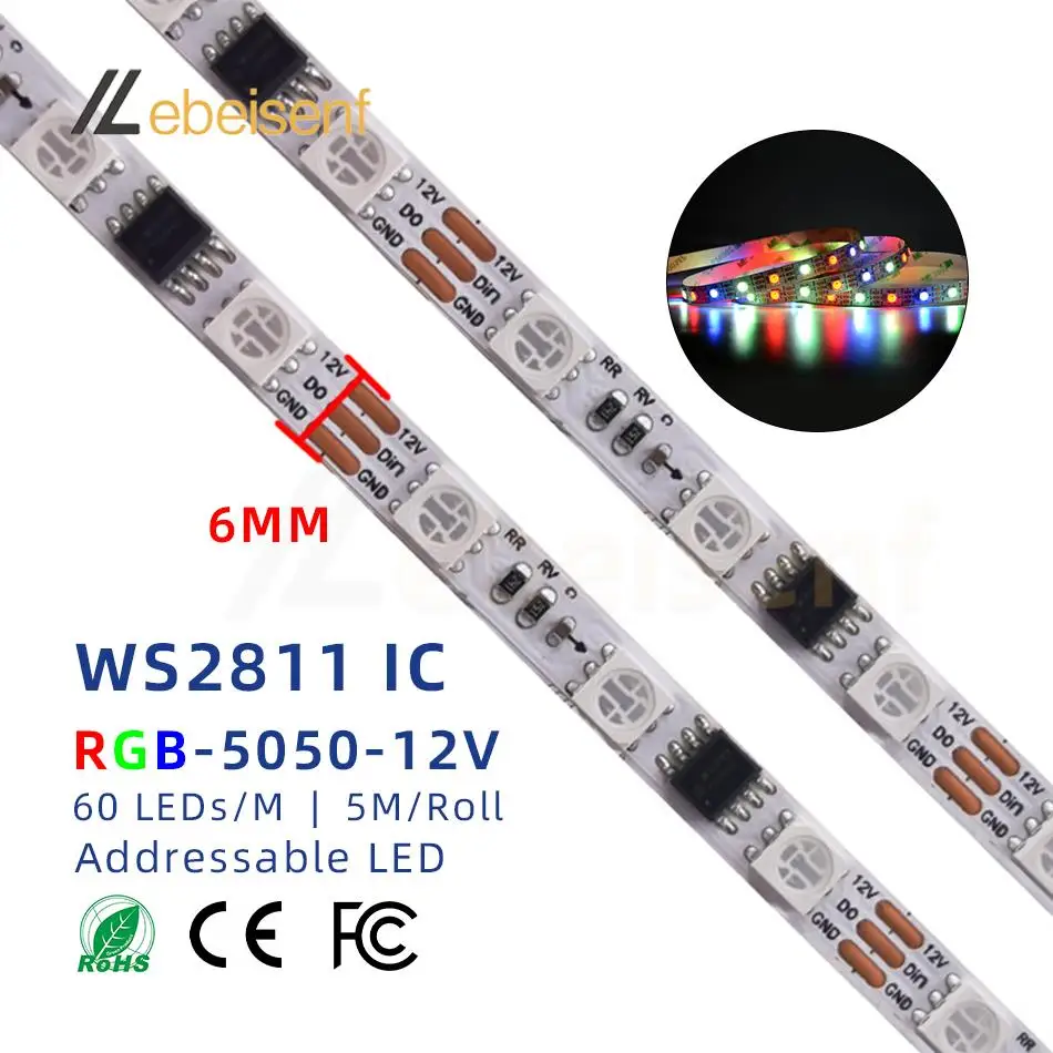 6mm-Ultra-Narrow-WS2811-LED-Strip-Light-12V-60LEDs-M-White-Flexible-FCB ...