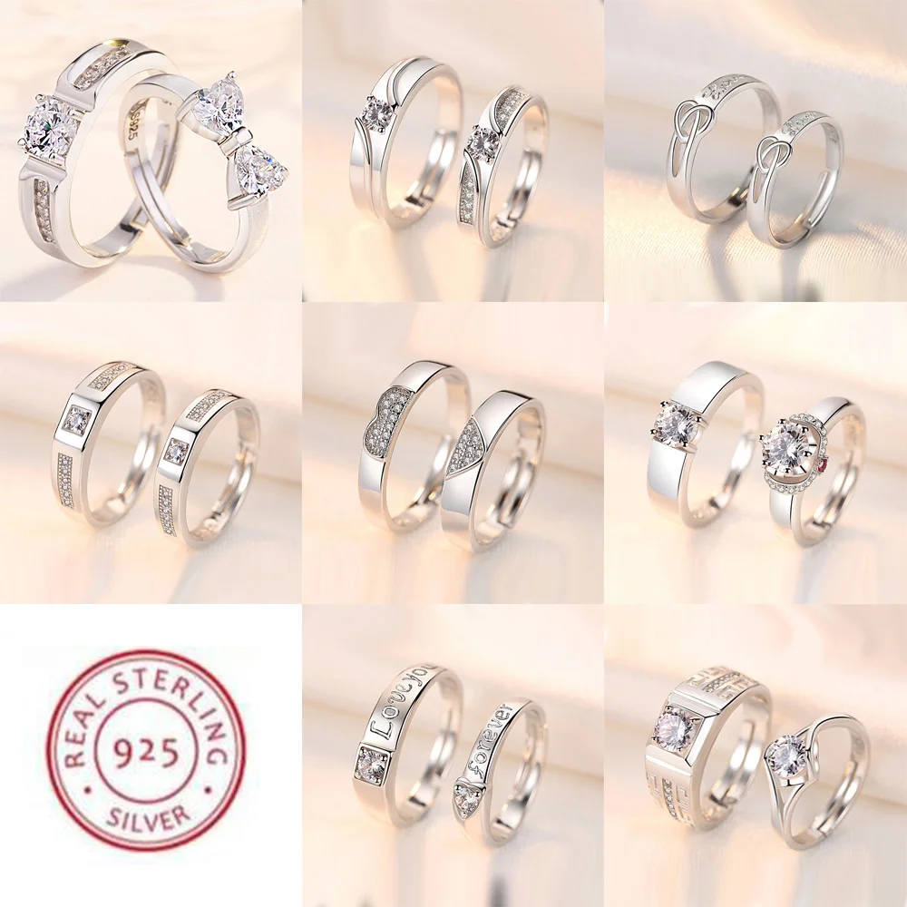 2pcs Couple 925 Sterling Silver Rings Sparkly Zircon For Women and Men ...