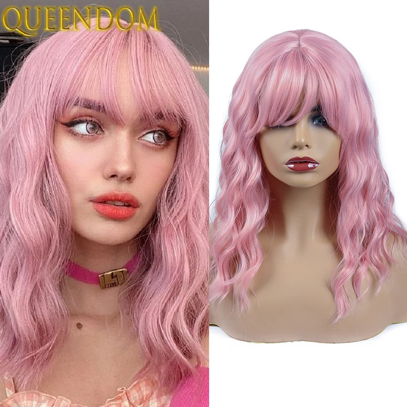14 Inch Short Wavy Bob Wig Pink Medium Length Wave Wigs With Bangs ...
