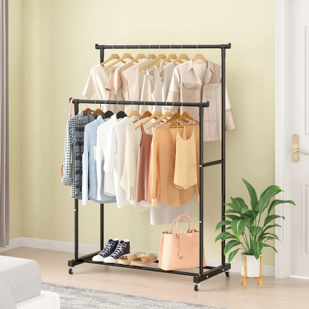 Double-Rod-Clothes-Rack-Clothes-Rack-With-Hooks-Hanging-Clothe ...