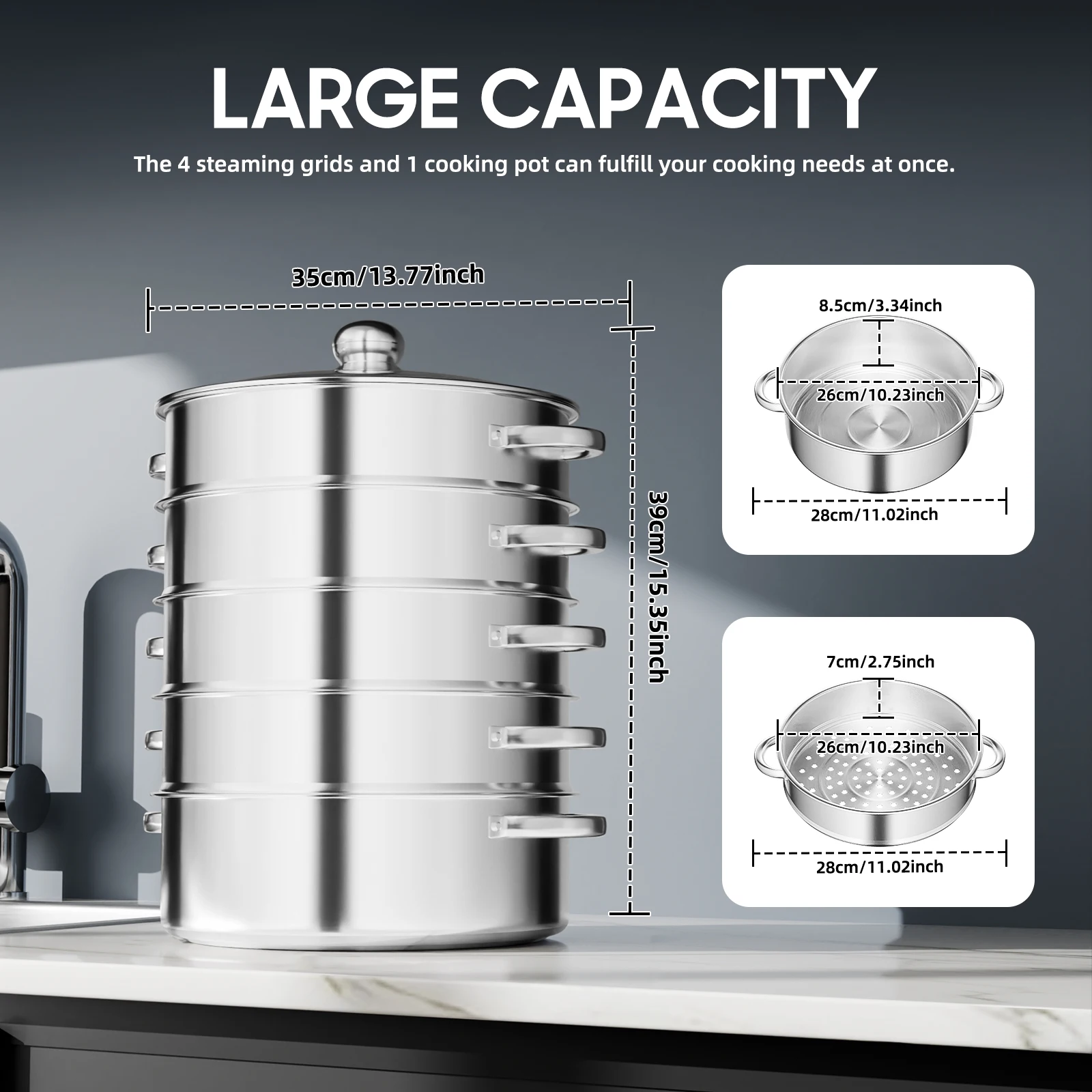 5-Tier Stainless Steel Steamer Stackable， 33LBS Capacity with Glass Lid ...
