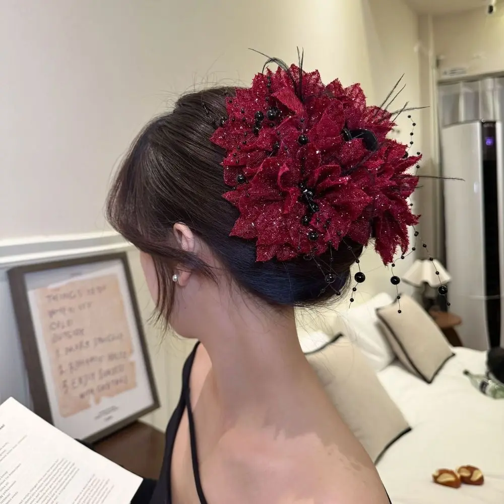 Fashion Peony Flower Grasping Clip Tassel Plastic Hair Claw Sequin ...