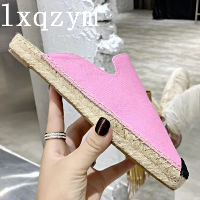 Canvas-Half-Slides-Round-Toe-Women-Flat-Slippers-Leather-Female-Slides ...