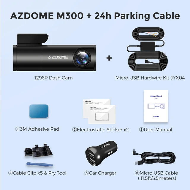 AZDOME M300 Car Camera English Voice Control Mini Car DVR 1296P Dash Cam Night Vision 24H ...