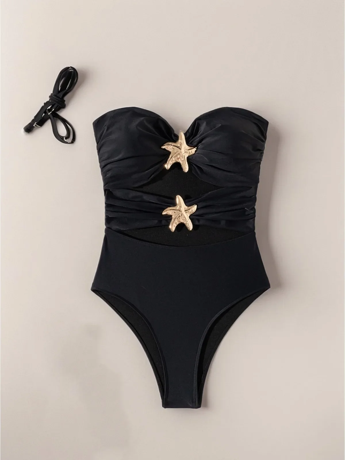 Solid Color Black One Piece Swimsuit for Women Starfish Strapless High ...