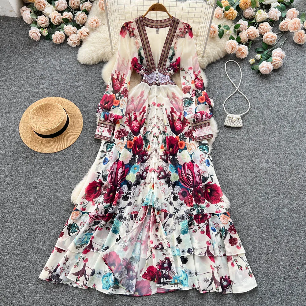Women-Deep-V-Neck-Bohemian-Style-Dress-Spring-Summer-Runway-Long-Sleeve ...