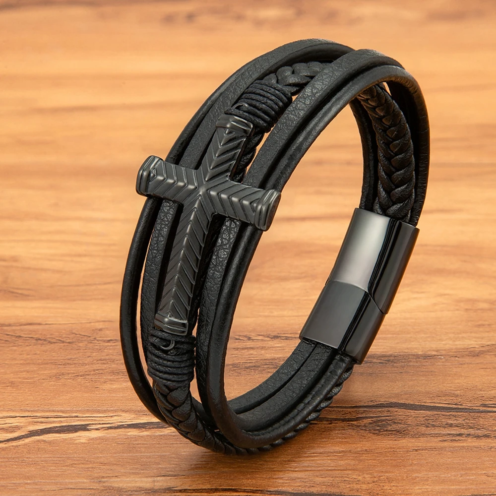 XQNI Classic Cross Design Men's Leather Bracelet Stainless Steel ...