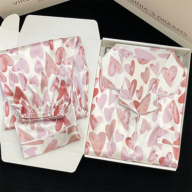 Women-s-Pajamas-Sets-Spring-Autumn-2-Piece-Print-Heart-Pyjama-Faux-Silk ...