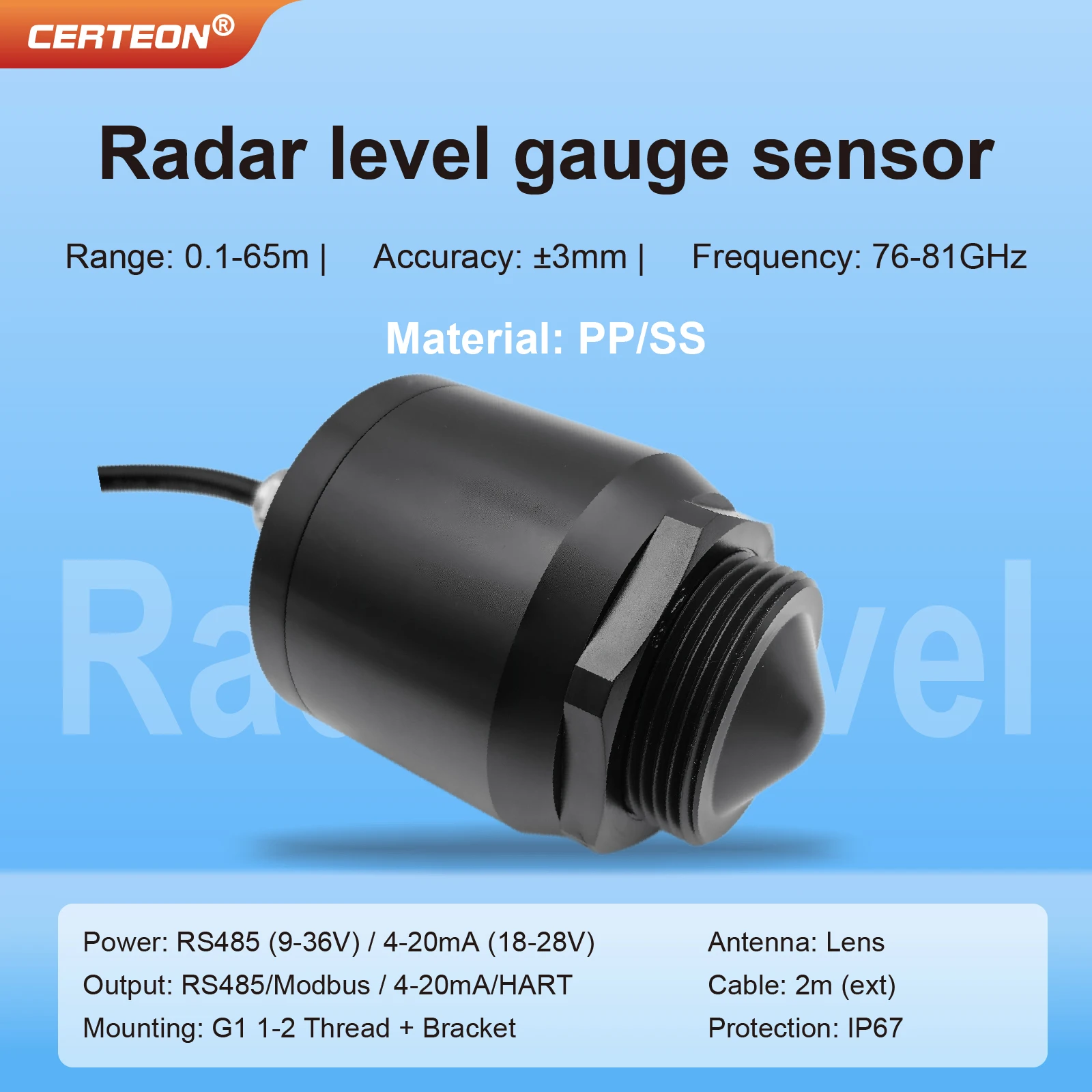 Sensor de Nível Radar PP RS485 4-20mA Medidor de Nível sem Contato para ...